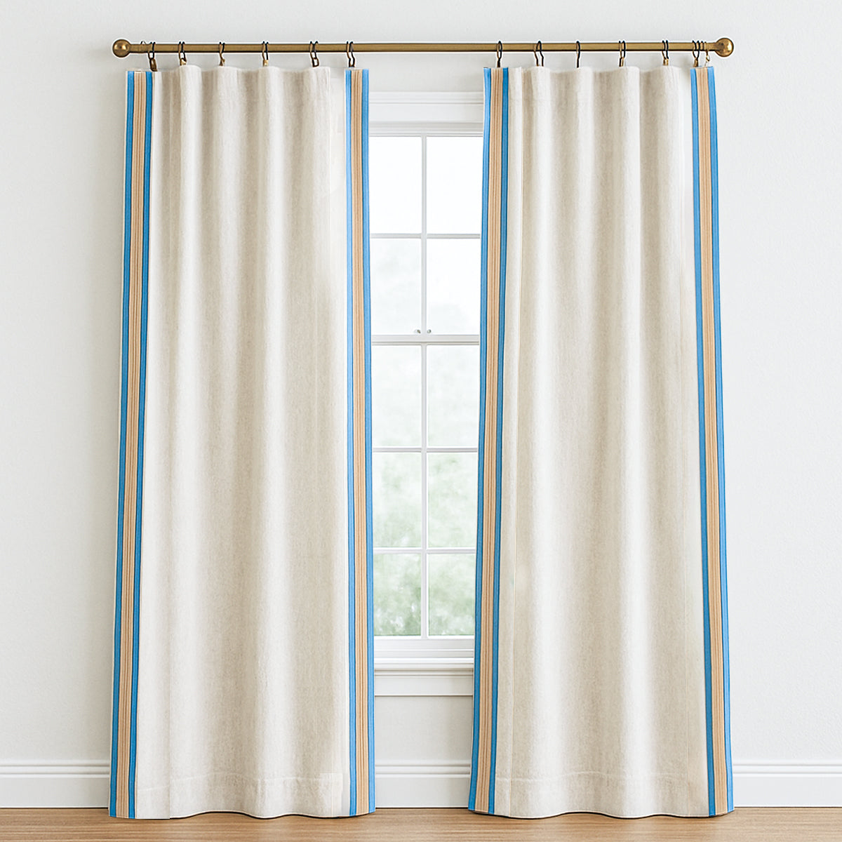 Contrast Border Frame Cotton Curtain (Set Of 2)