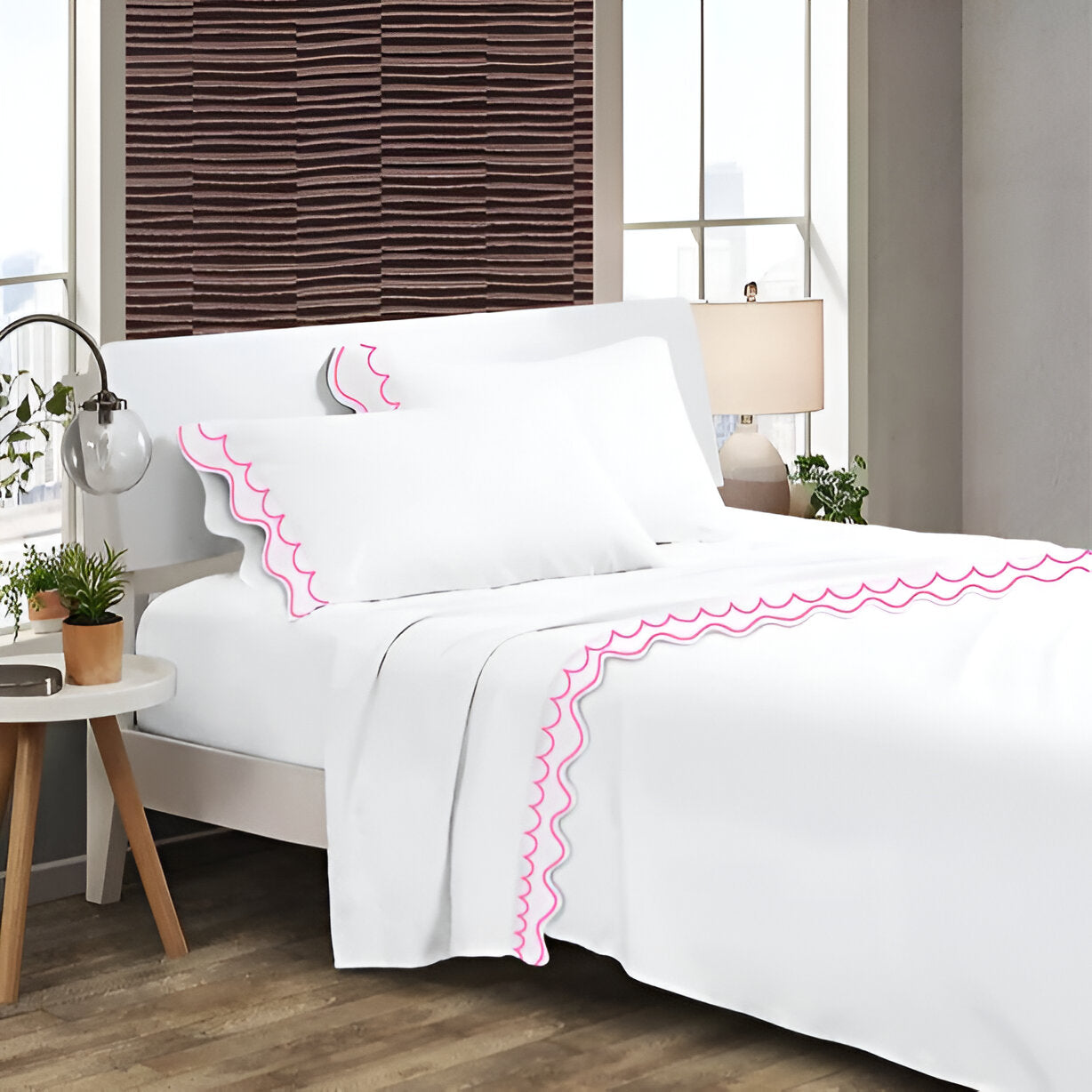 400TC Cotton Sateen Double Scallop Embroidery Sheet Set