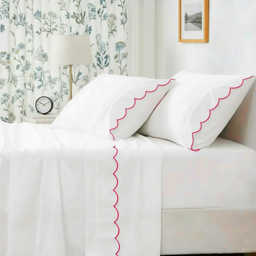 Allena 400TC Cotton Scallop Embroidery Sateen Solid Sheet Set