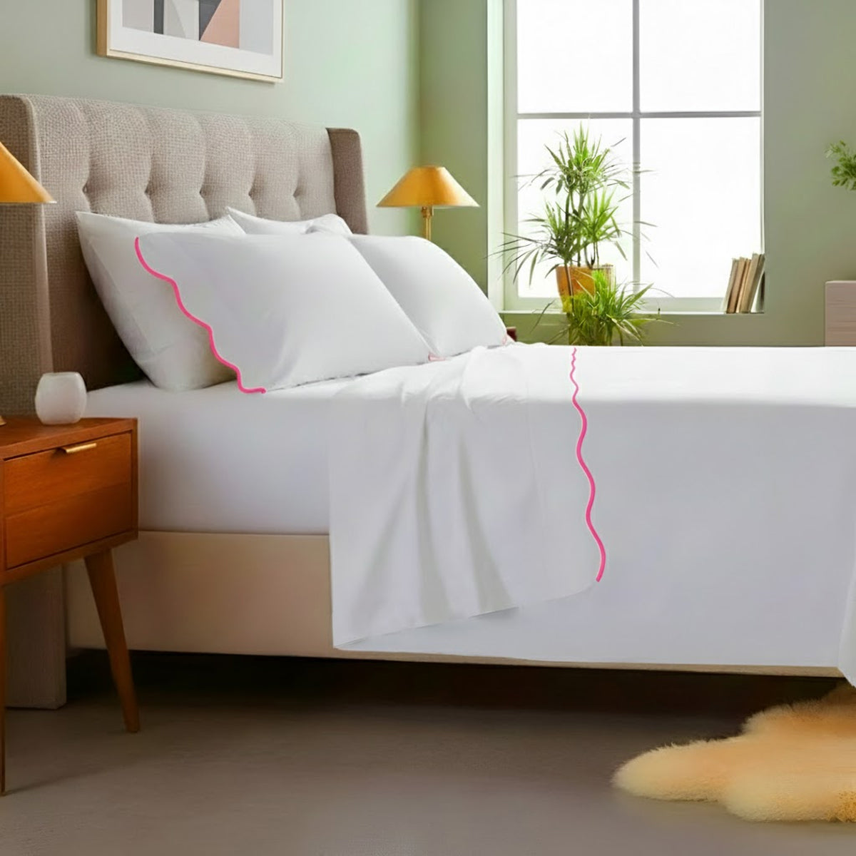 400TC Cotton Scallop Piping Sateen Solid Sheet set